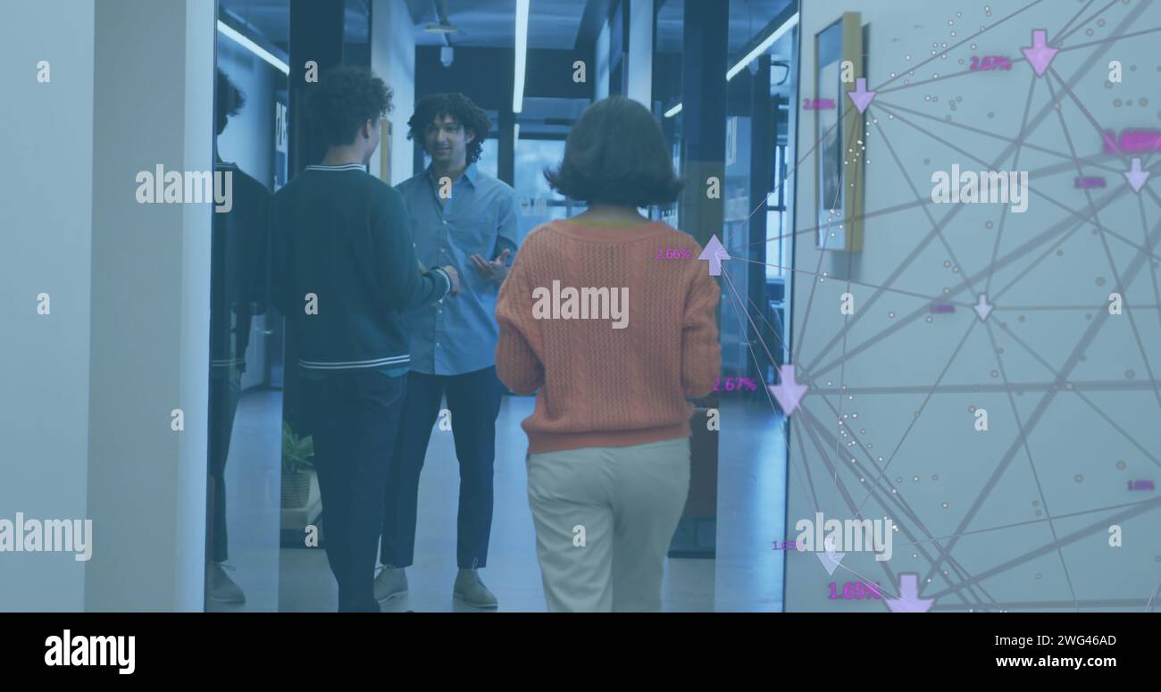 Image of network of connections with icons over diverse business people working at office Stock ...