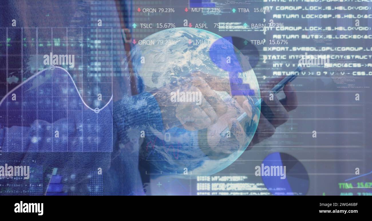Stock market data processing over spinning globe against mid section of man using smartphone ...