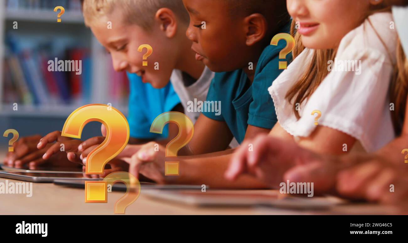 Question mark icons floating against group of kids using electronic ...