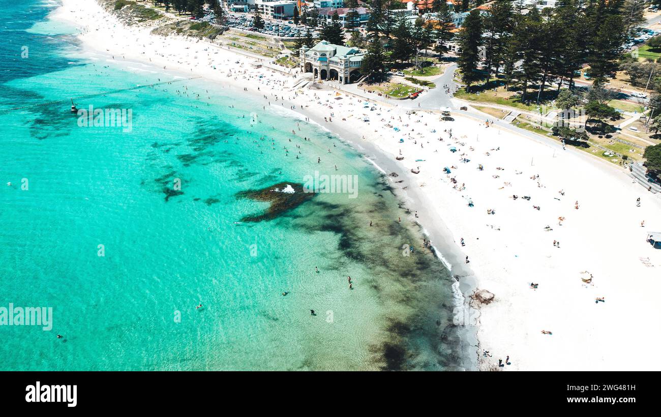 People swimming and sunbathing on the beach at Cottesloe Beach Perth ...