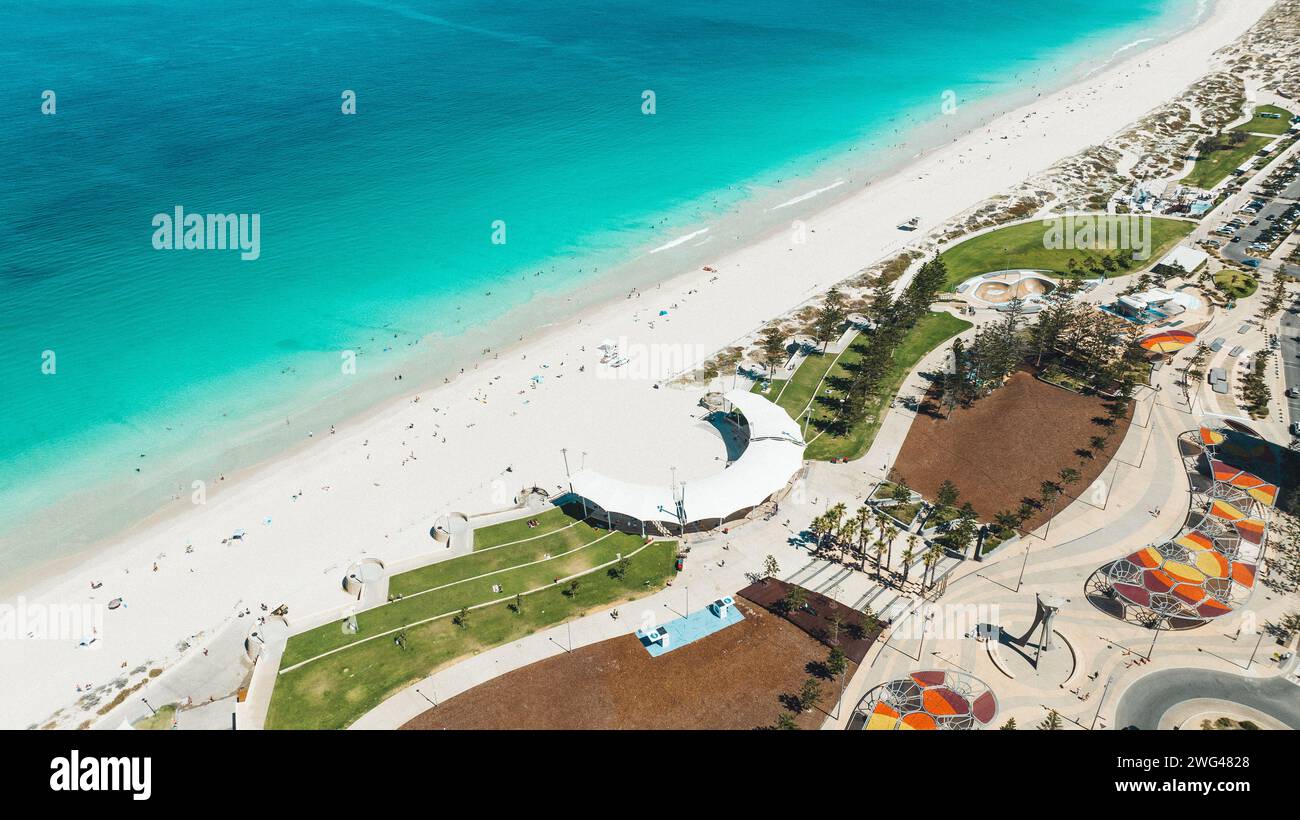 Scarborough Beach amphitheatre white sand turquoise sea aerial drone ...