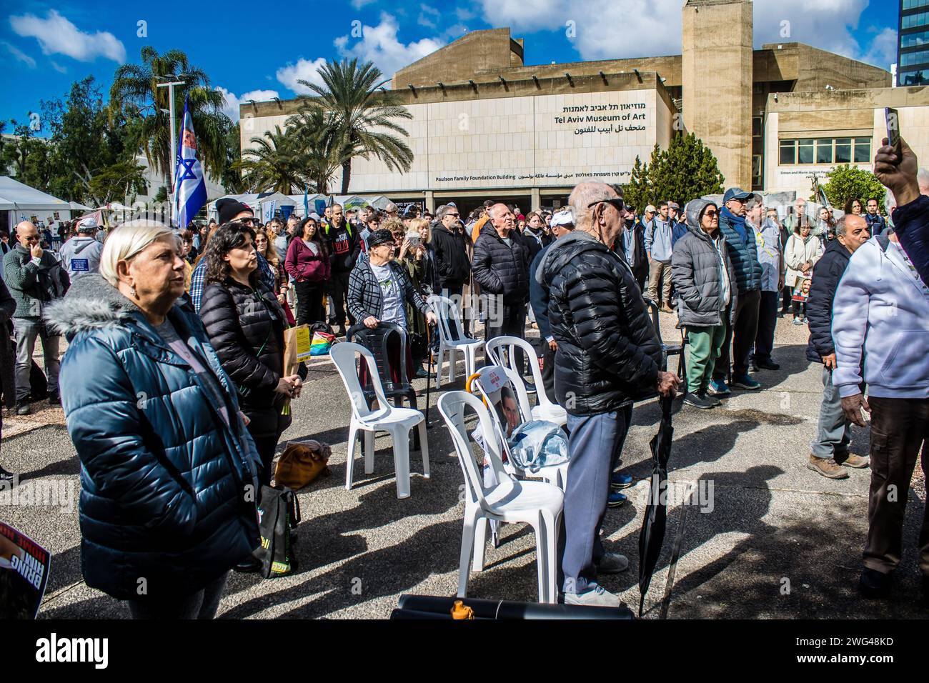 Tel Aviv, Israel – February 2, 2024 People gathering at Hostages Square ...