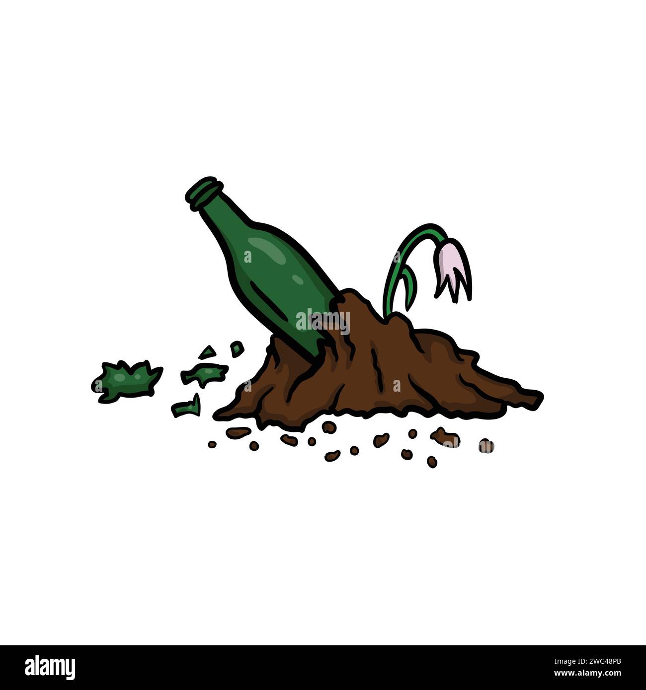 A broken bottle in the ground pollutes the environment and destroys ...