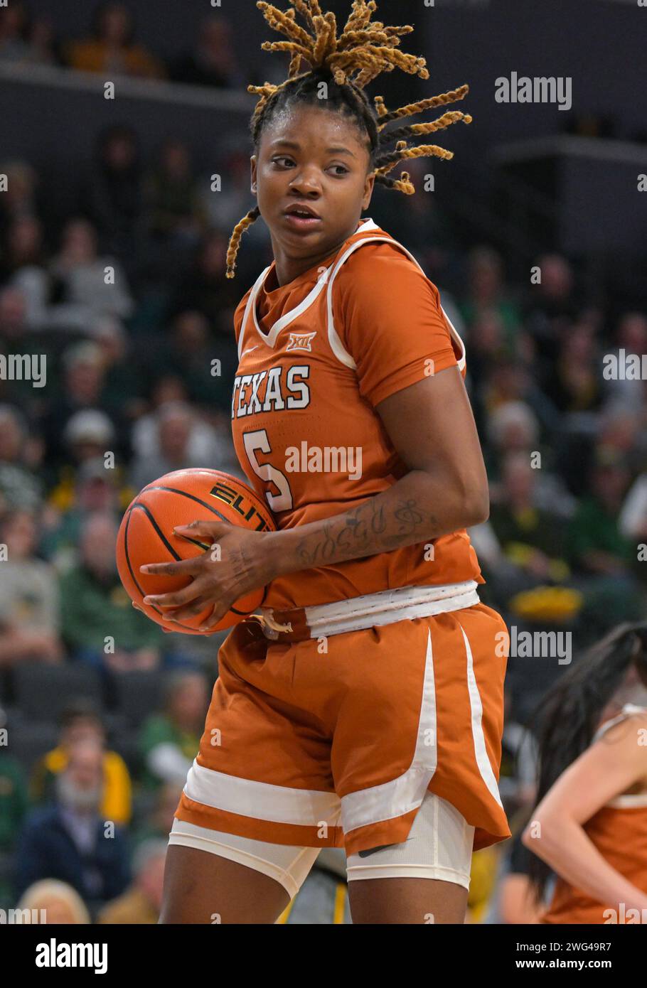 February 1 2024: Texas Longhorns forward DeYona Gaston (5) rebounds the ...