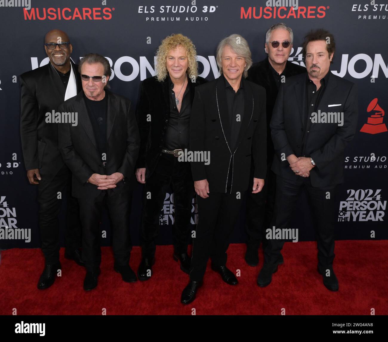 LOS ANGELES, USA. February 02, 2024: Phil X, David Bryan, Jon Bon Jovi ...