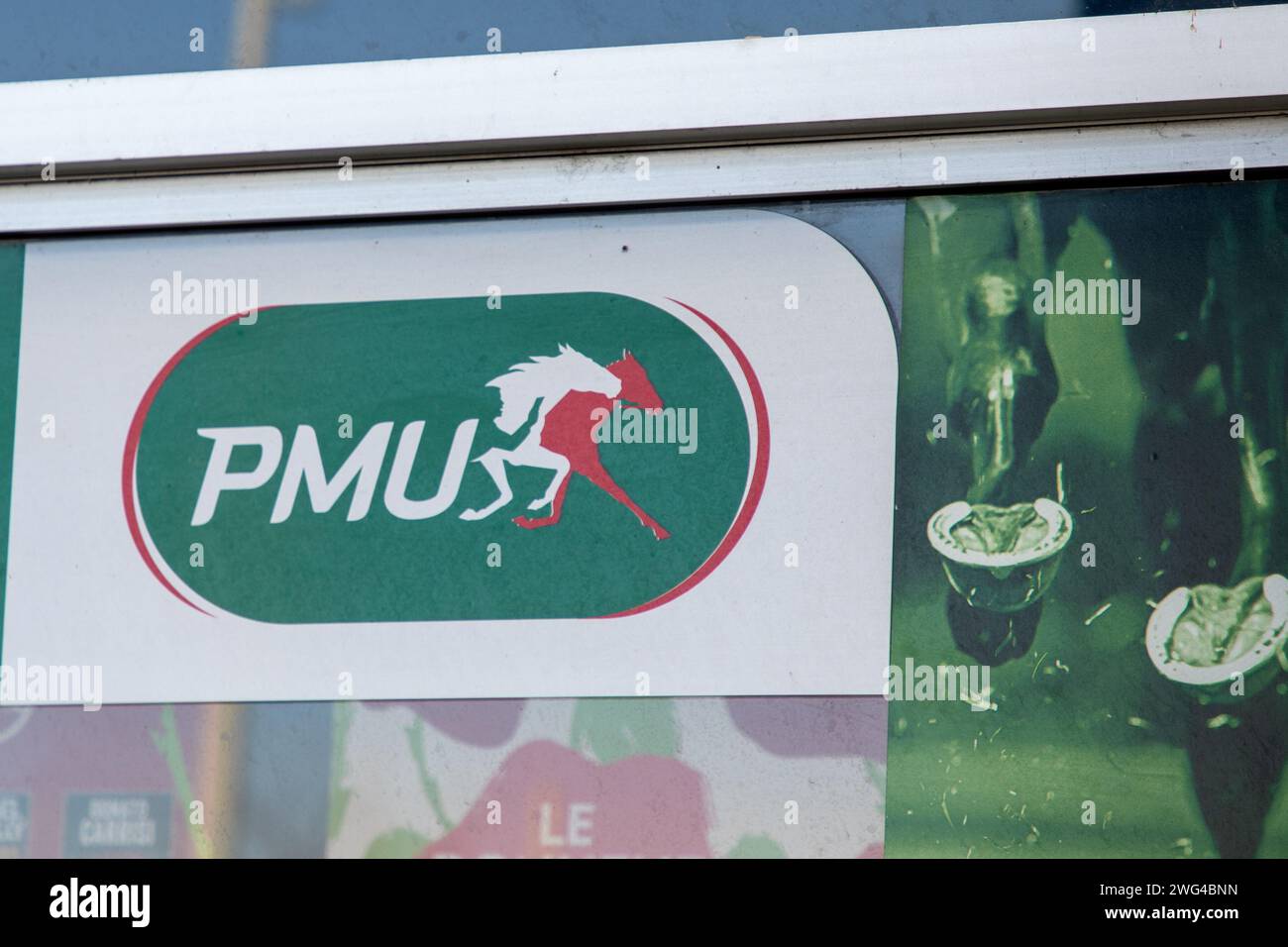Bordeaux , France - 02 01 2024 : PMU logo brand chain and horse sign text on facade store front ...