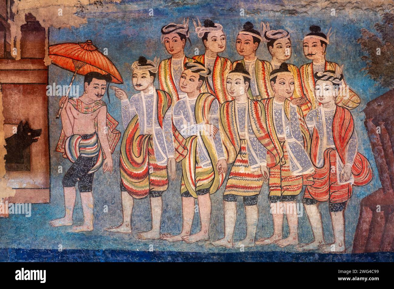 Ancient mural painting showing group of men in traditional dress in ...