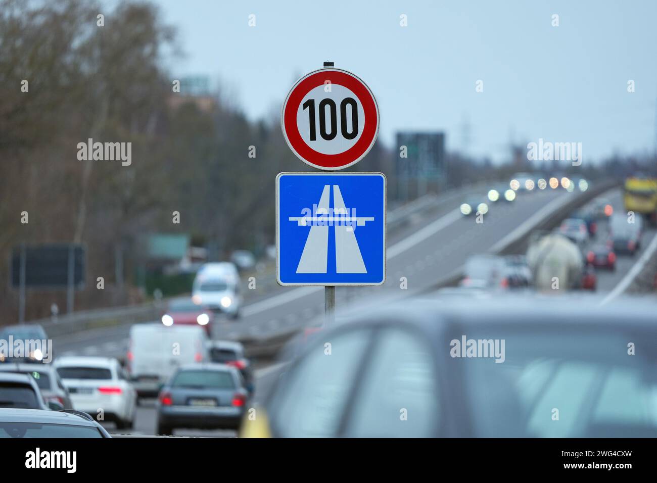 02 February 2024, Berlin: A sign on the side of the A 114 highway ...