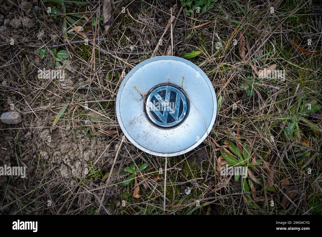 02 February 2024, Berlin: A few meters from the freeway is a hubcap ...