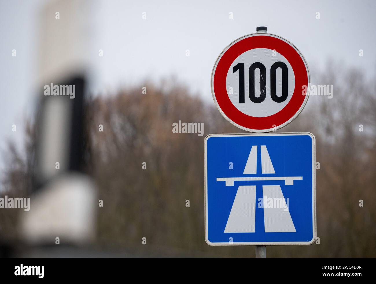 02 February 2024, Berlin: A sign on the side of the A 114 highway ...