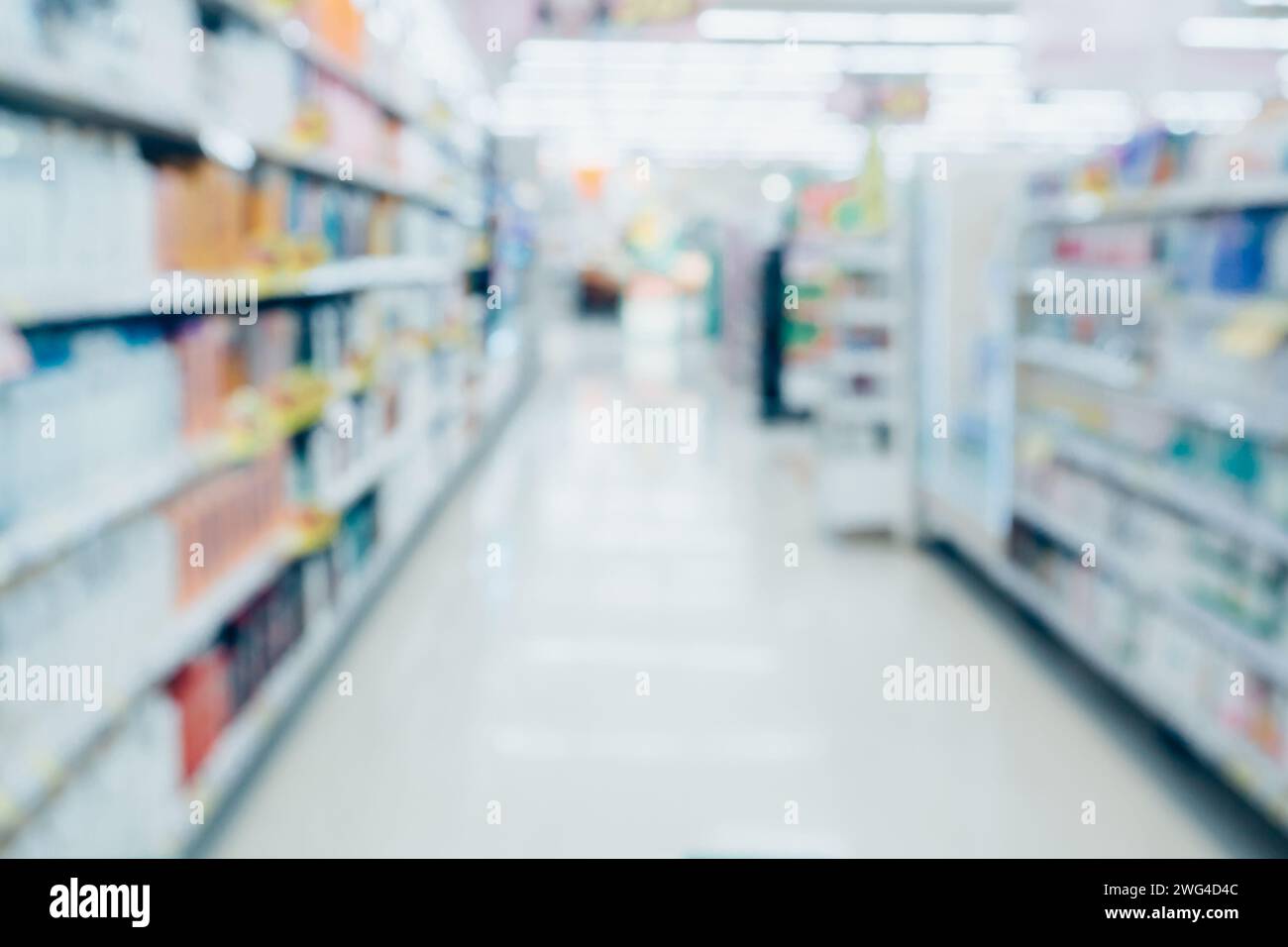 Abstract supermarket aisle with health and beauty product shelves ...