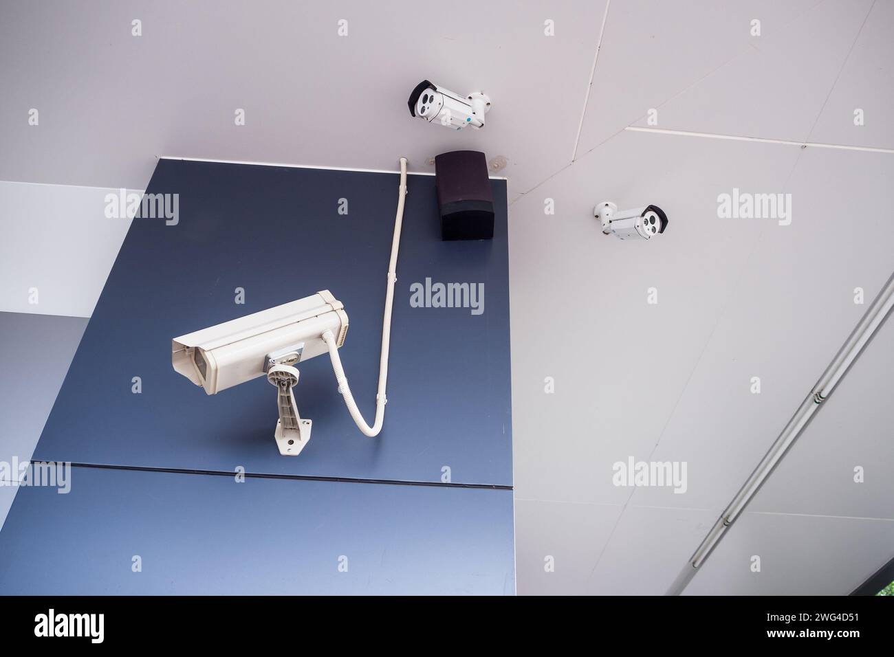 Security CCTV camera on the wall in front of the store Stock Photo - Alamy