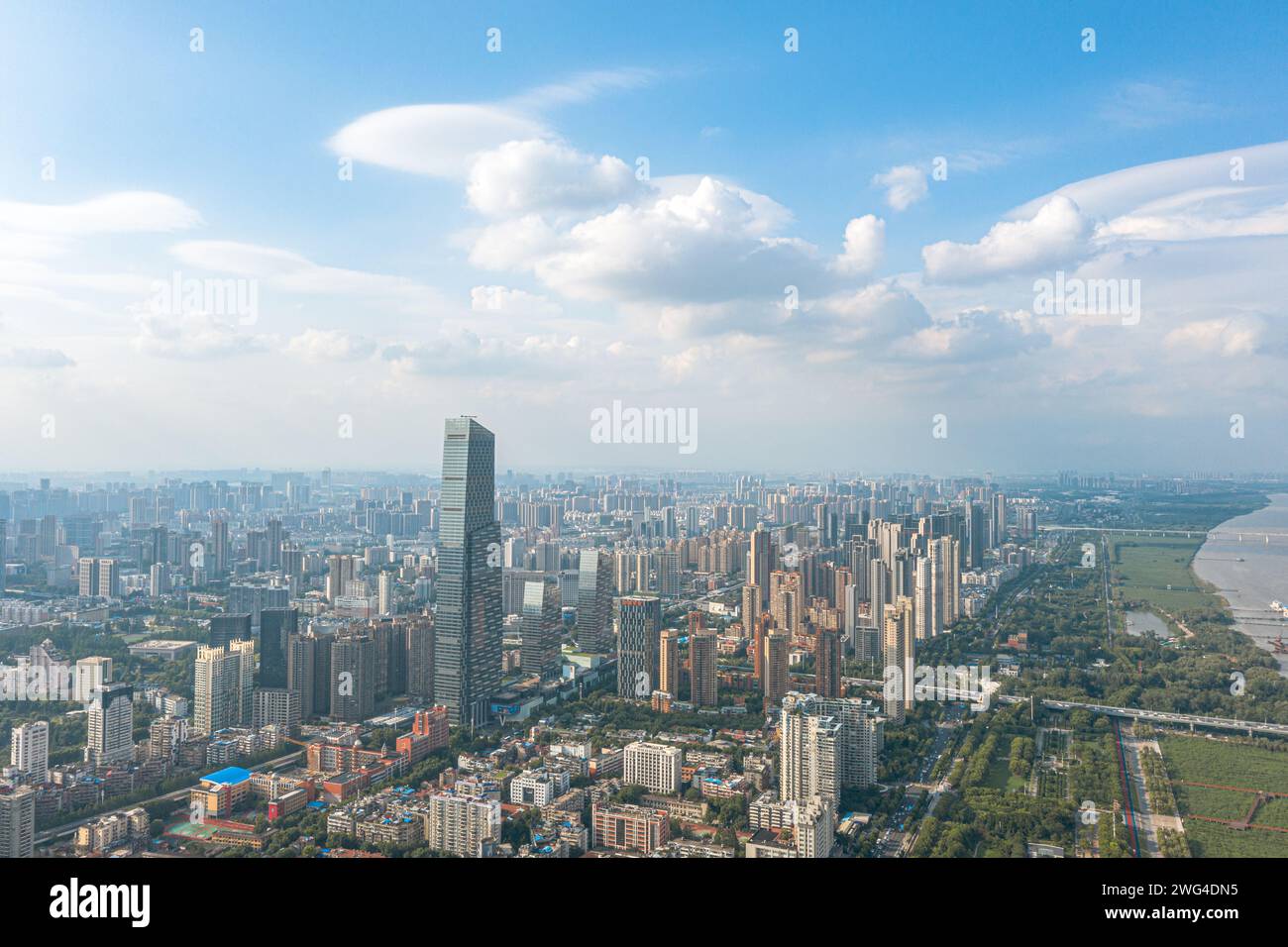 An aerial view of the bustling city skyline with modern buildings in ...