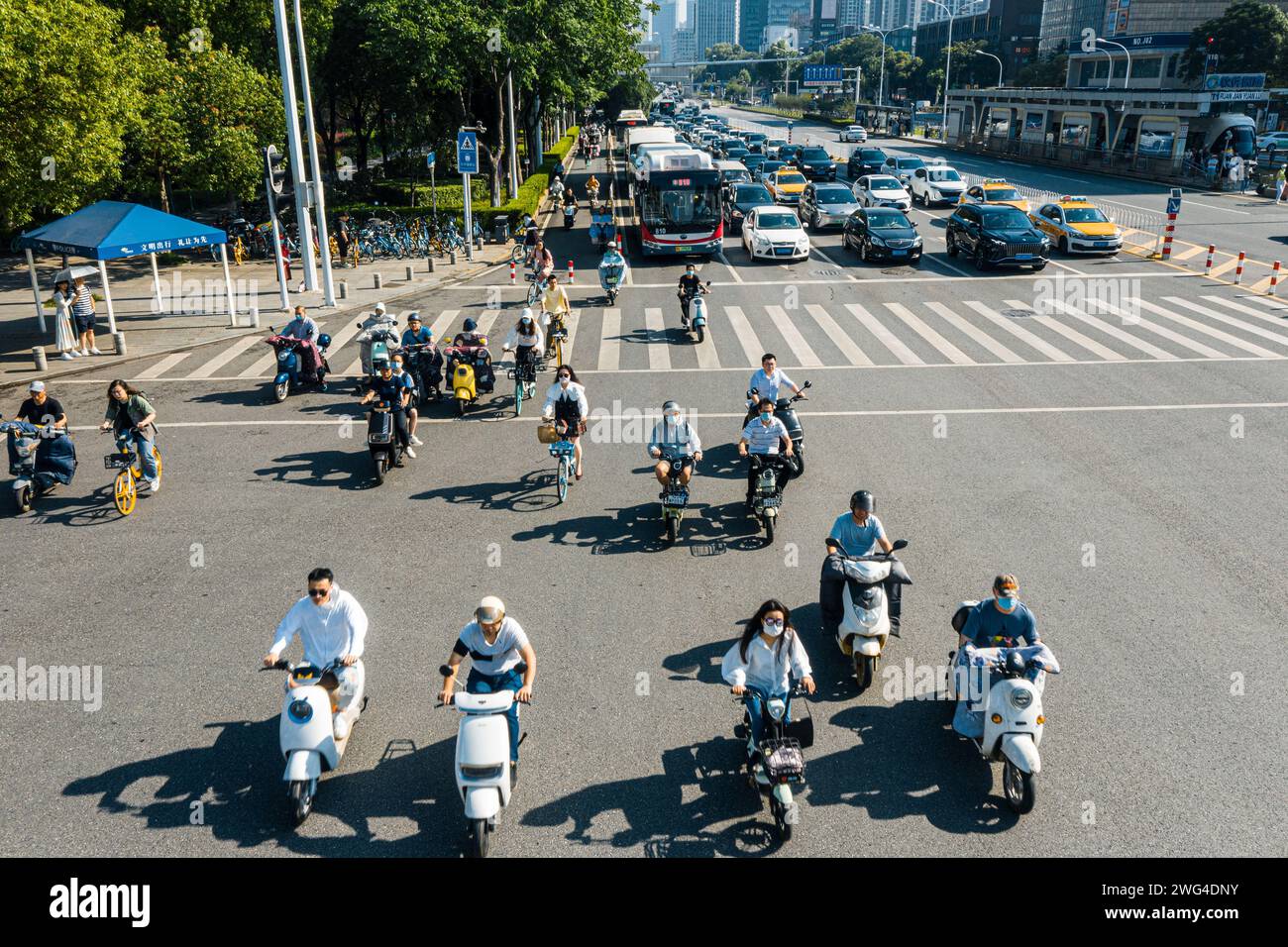 A group of people riding motorcycles together on a street with cars ...