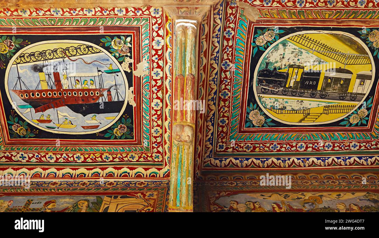 Paintings of Ship and Train on walls of the Bansidhar Bhagat Ji Ki ...