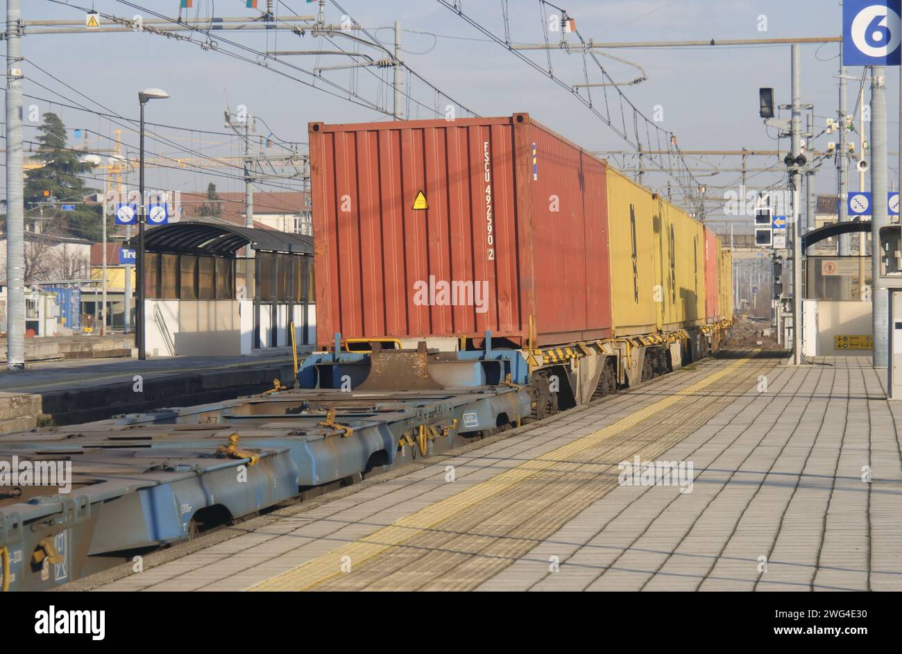 Freight train in transit at Treviglio central station on the Milan ...