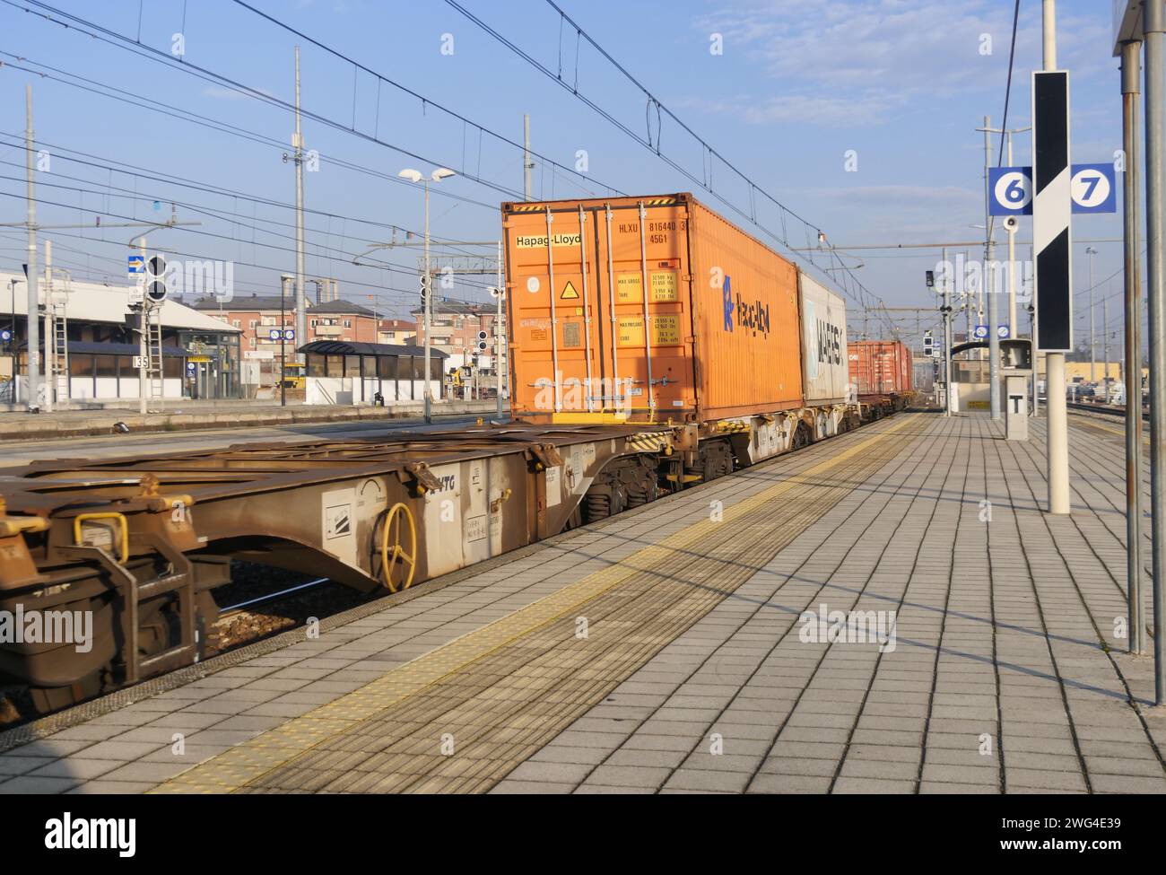 Freight train in transit at Treviglio central station on the Milan ...