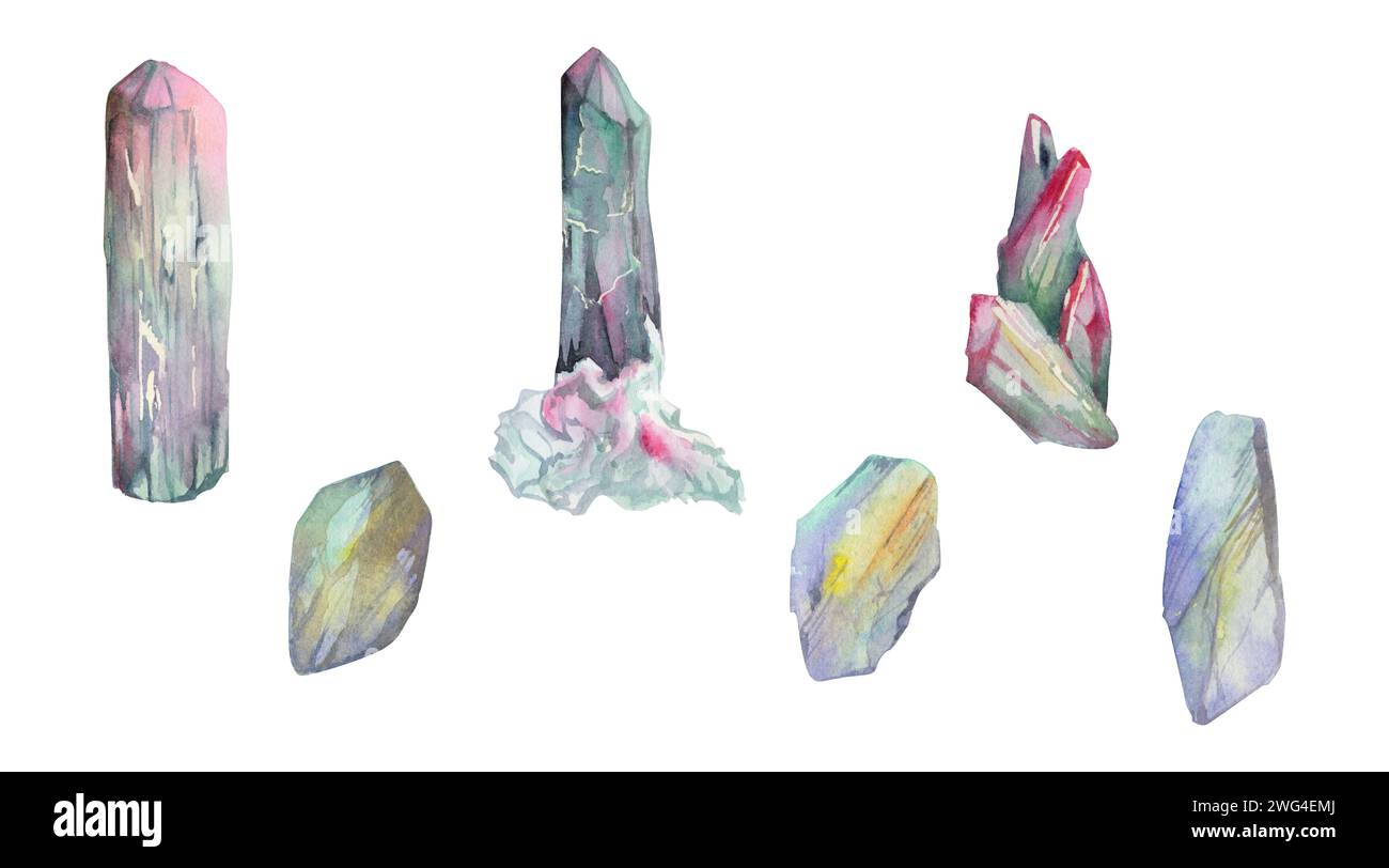 Hand drawn watercolor illustration precious semiprecious jewel gem crystal chakra birth stone ...