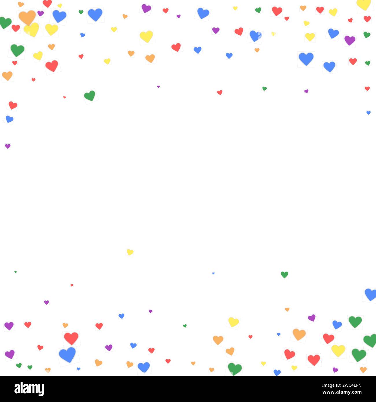 Heart confetti valentine overlay. Rainbow colored scattered hearts. LGBT valentine card. Joyfull ...