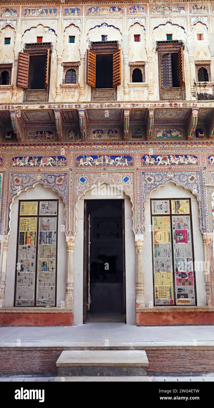 INDIA, RAJASTHAN, JHUNJHUNU, August 2023, Paintings on the Gulab Haveli ...