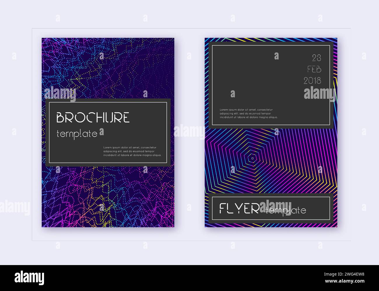 Black cover design template set. Rainbow abstract lines on dark blue ...