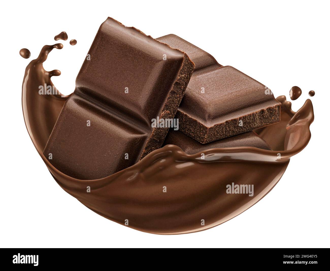 Chocolate pieces with chocolate splash isolated on white background ...