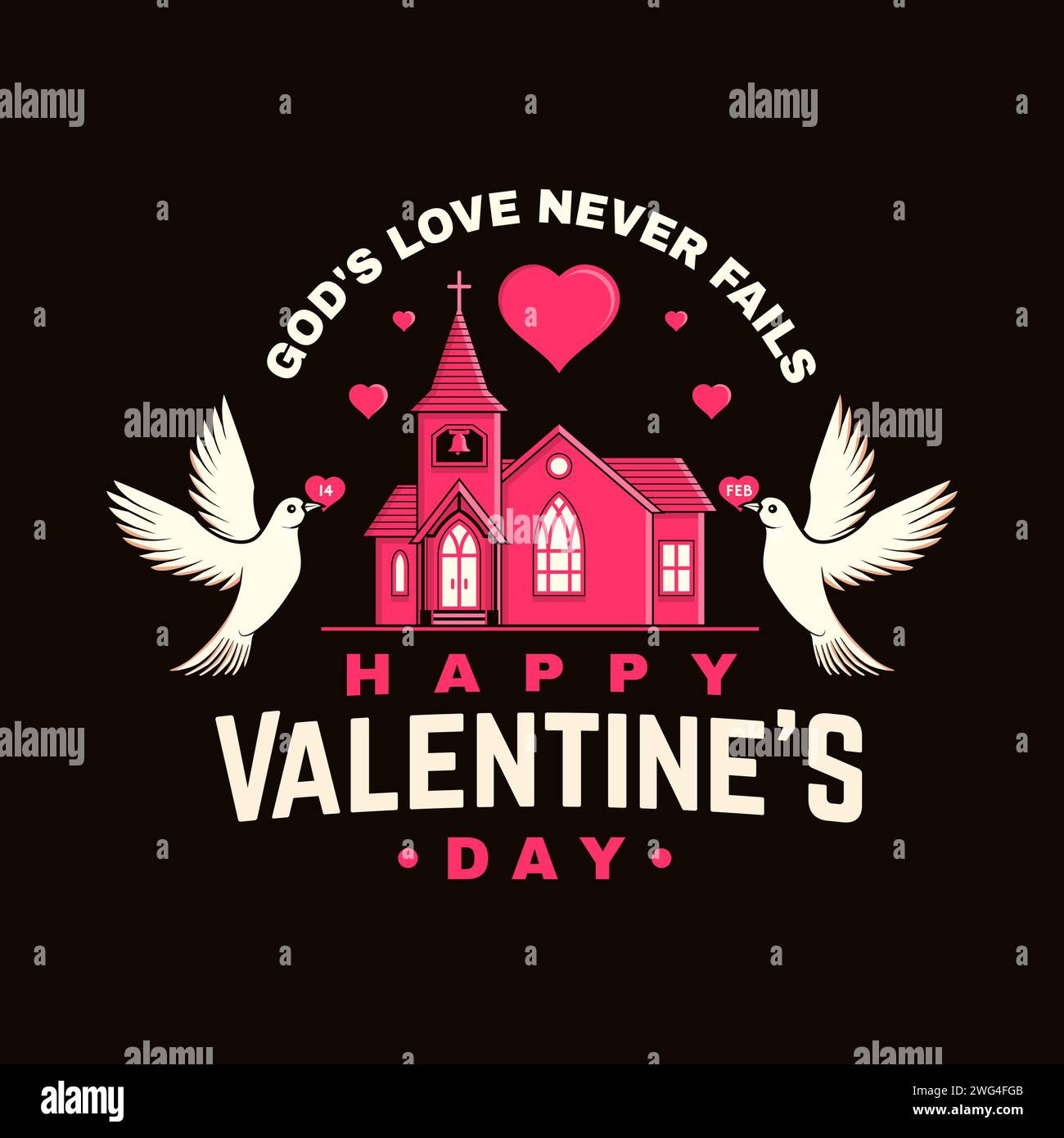 Gods love never fails. Vector illustration. Vintage church with doves ...