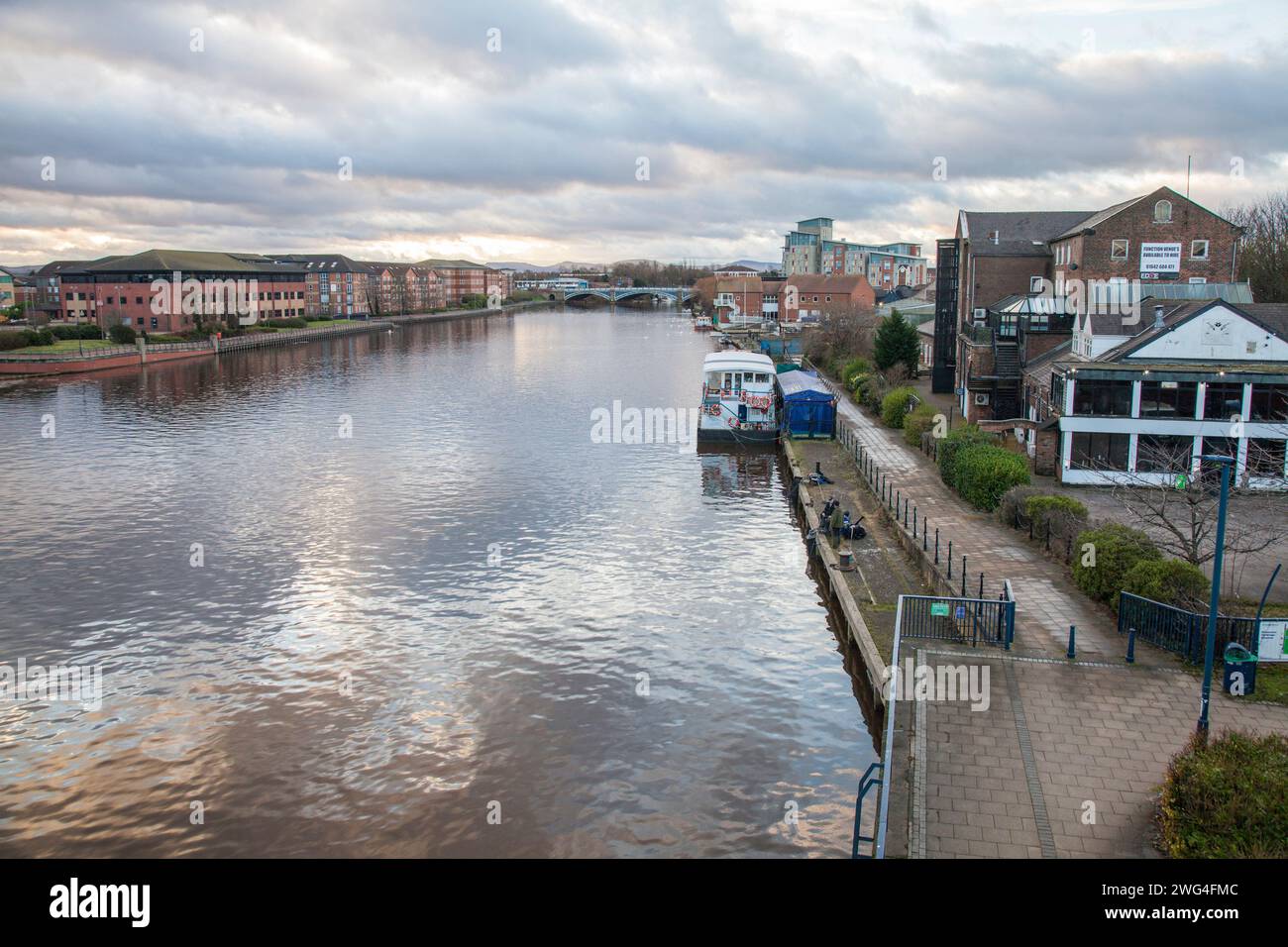 A view along the River Tees in the town centre at Stockton on Tees ...