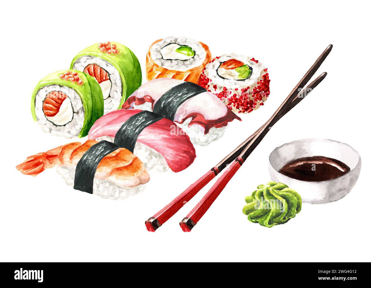 Japanese Sushi concept. Hand drawn watercolor illustration isolated on ...