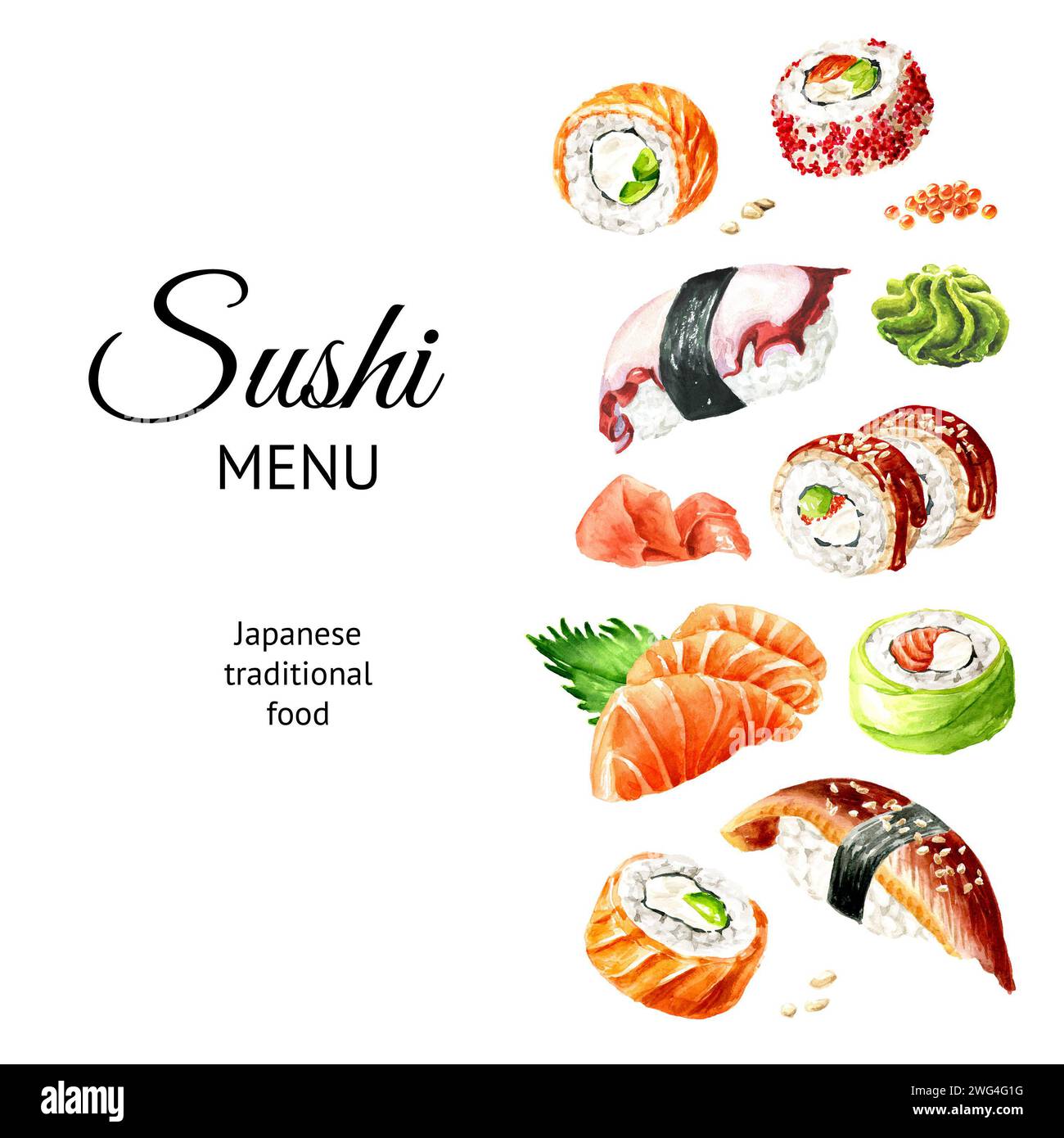 Japanese Sushi menu concept. Hand drawn watercolor illustration ...