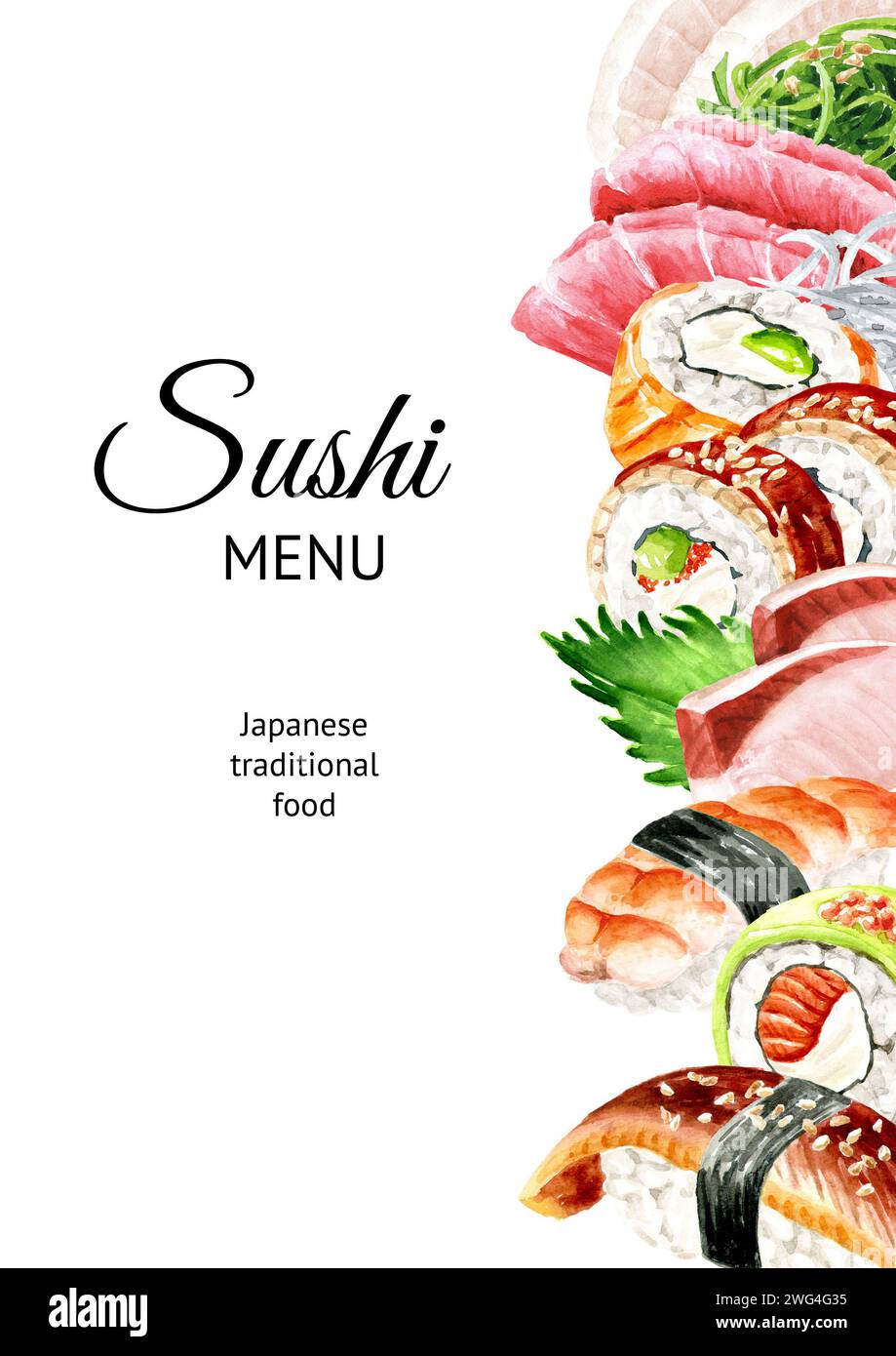 Japanese Sushi menu concept. Hand drawn watercolor illustration ...