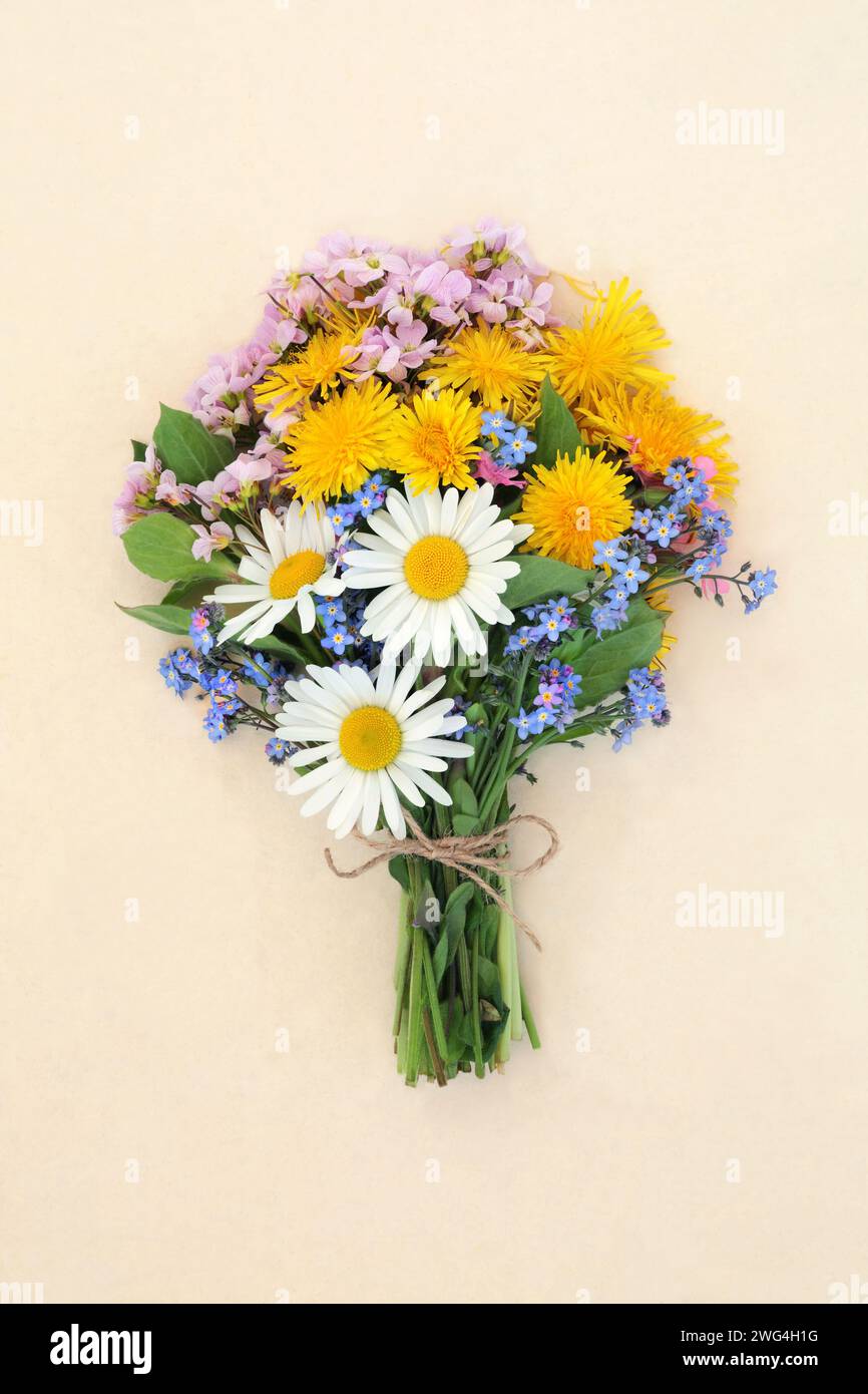 Spring wildflower bouquet tied with string bow on hemp paper background ...