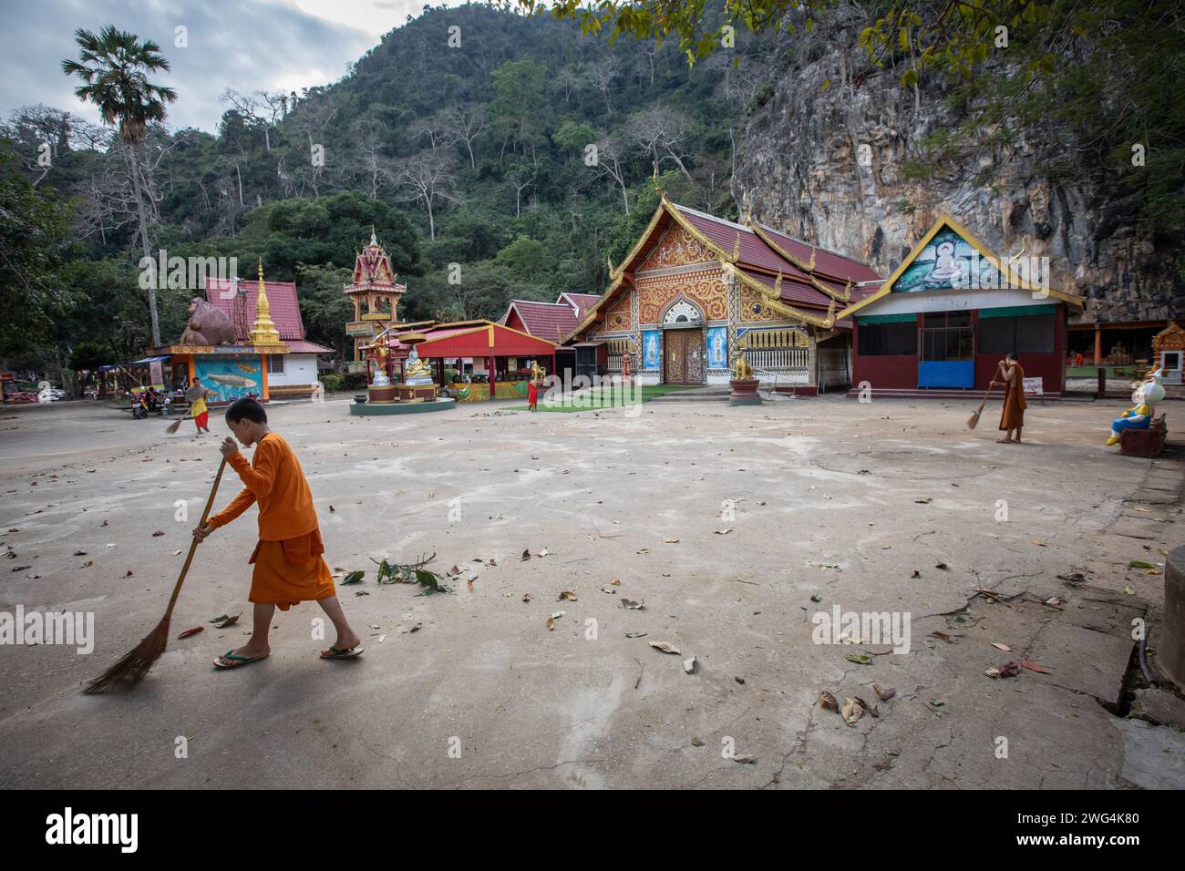 Young monks clean up the floor of the Wat Tham Pla Temple. Wat Tham Pla ...