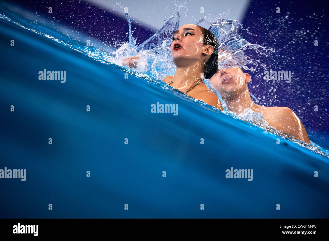 Nicolas Campos and Theodora Garrido of Chile compete in the artistic swimming mixed duet ...