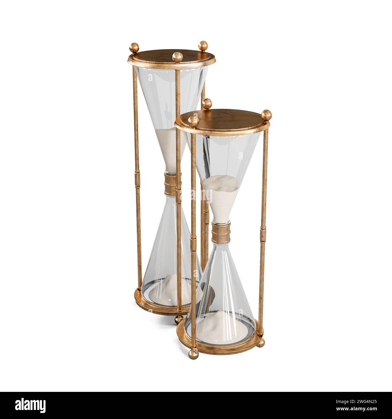 Two golden hourglasses rendered in 3D on a white backdrop Stock Photo ...