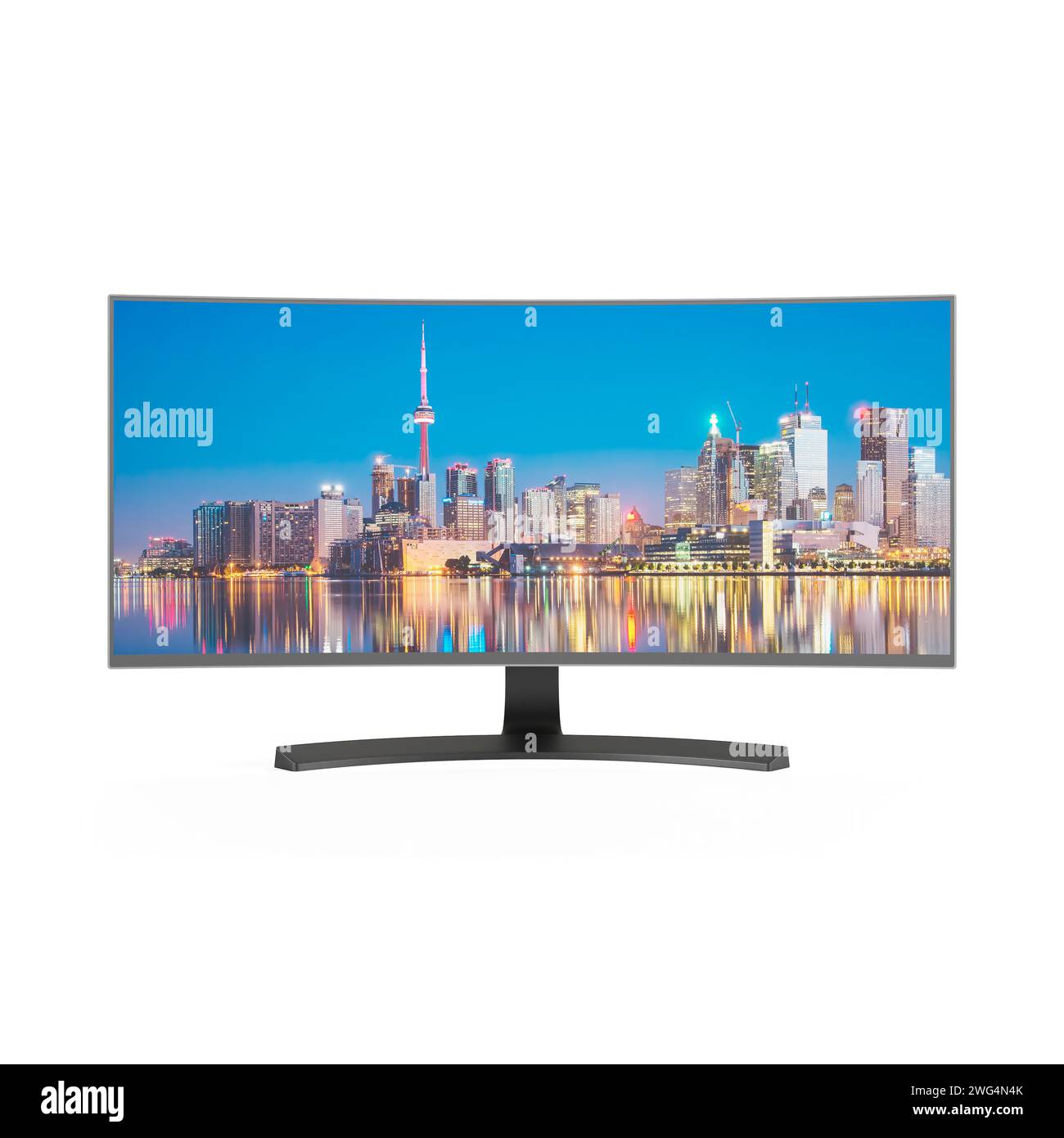 A 3D rendering of a TV with skyscrapers on the screen on a white ...