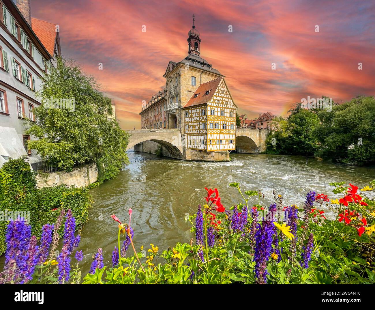 bridge with old town hall over the river in the city of bamberg ...