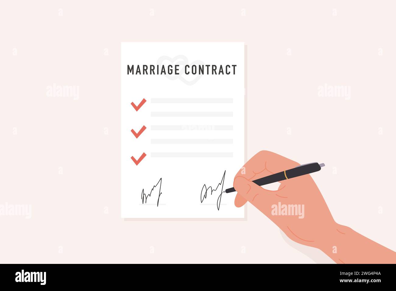 A person hand with pen signing marriage contract flat style ...