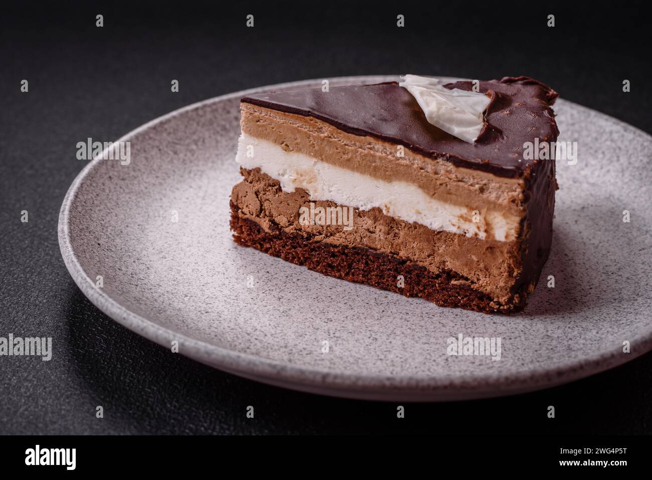 Piece of delicious sweet chocolate cake with sponge cake and cream on a ...