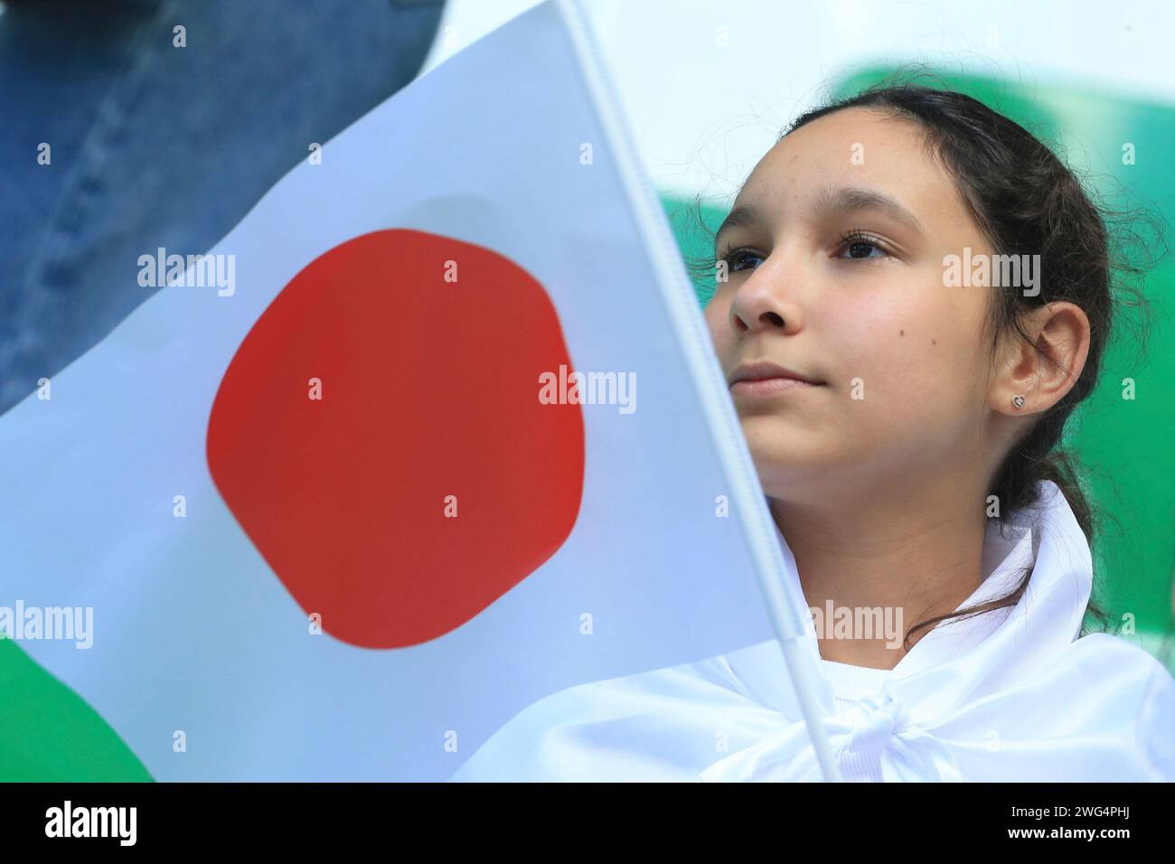 A Japanese fan holds her national flag during the Asian Cup ...