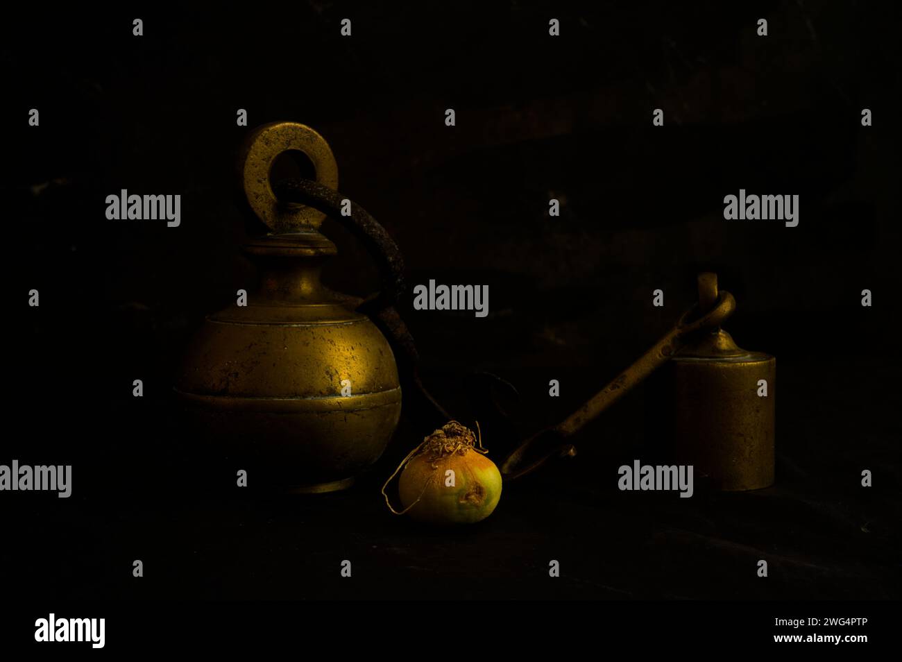 still life with antique brass scale weights Stock Photo - Alamy