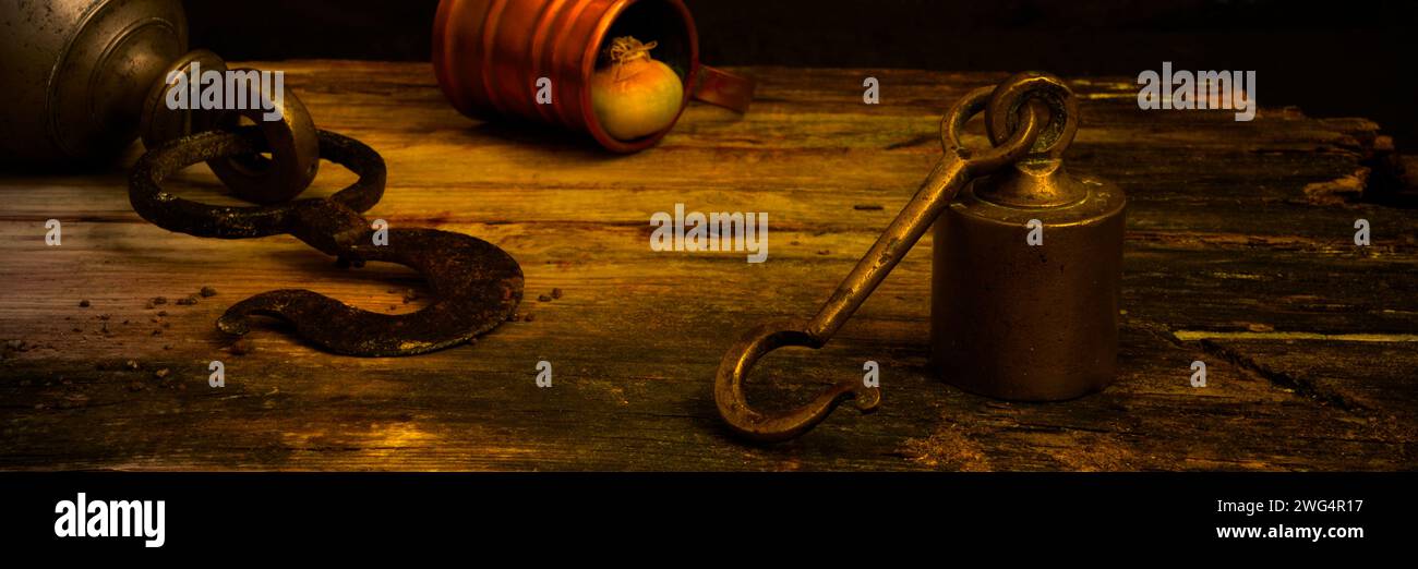 still life with antique brass scale weights Stock Photo - Alamy