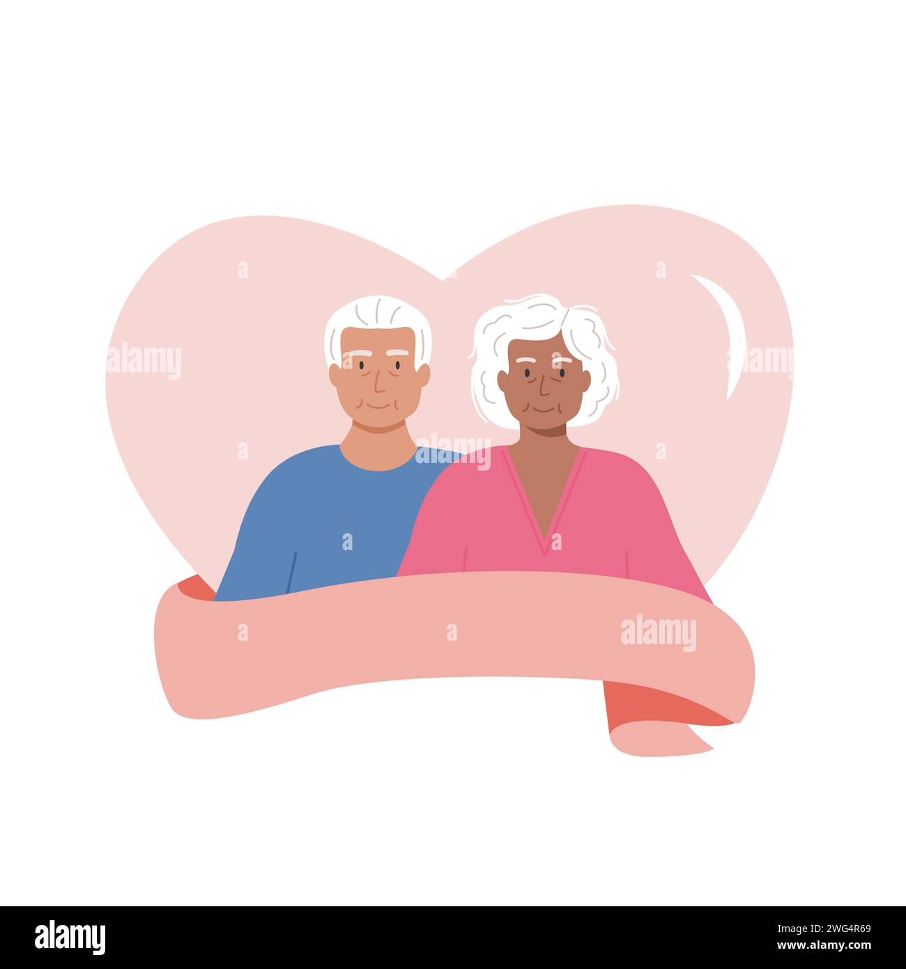 Cute diverse elderly romantic couple in heart with pink ribbon and ...