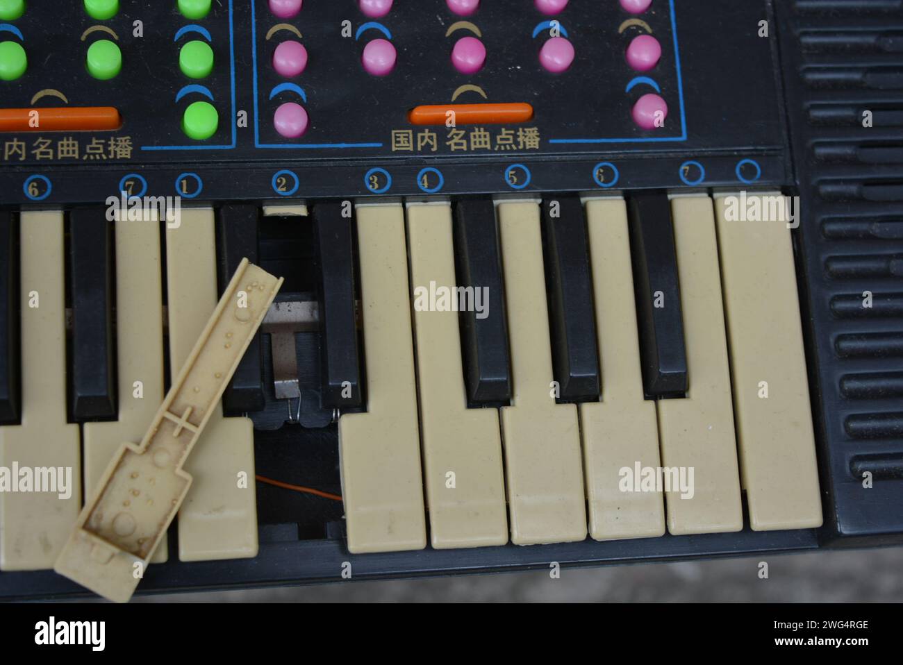 Children's plastic synthesizer with black and white keys arranged and ...
