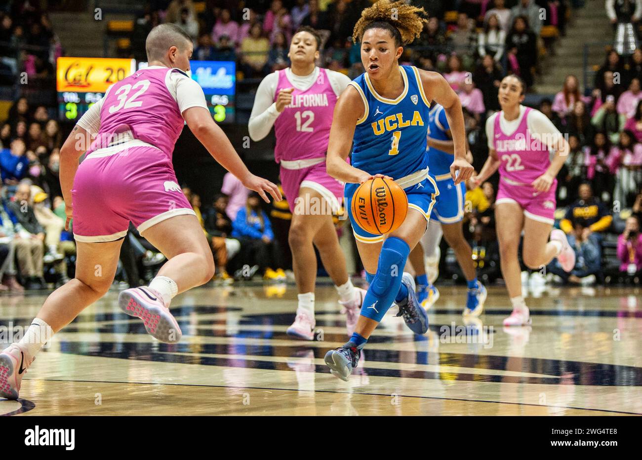 February 02 2024 Berkeley, CA U.S.A. UCLA guard Kiki Rice (1)brings the ...