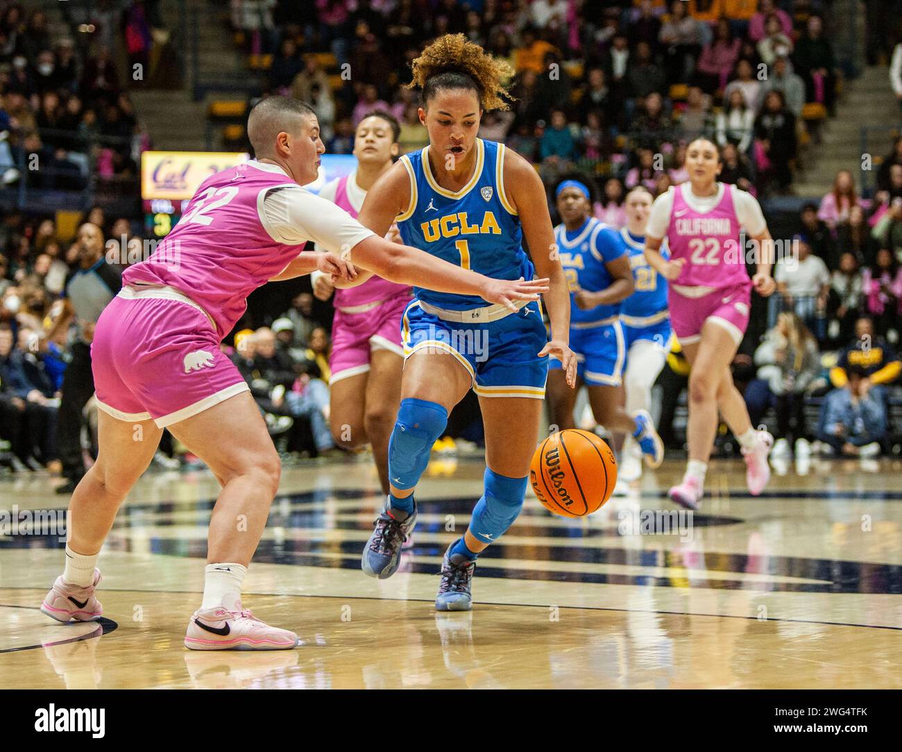 February 02 2024 Berkeley, CA U.S.A. UCLA guard Kiki Rice (1)brings the ...