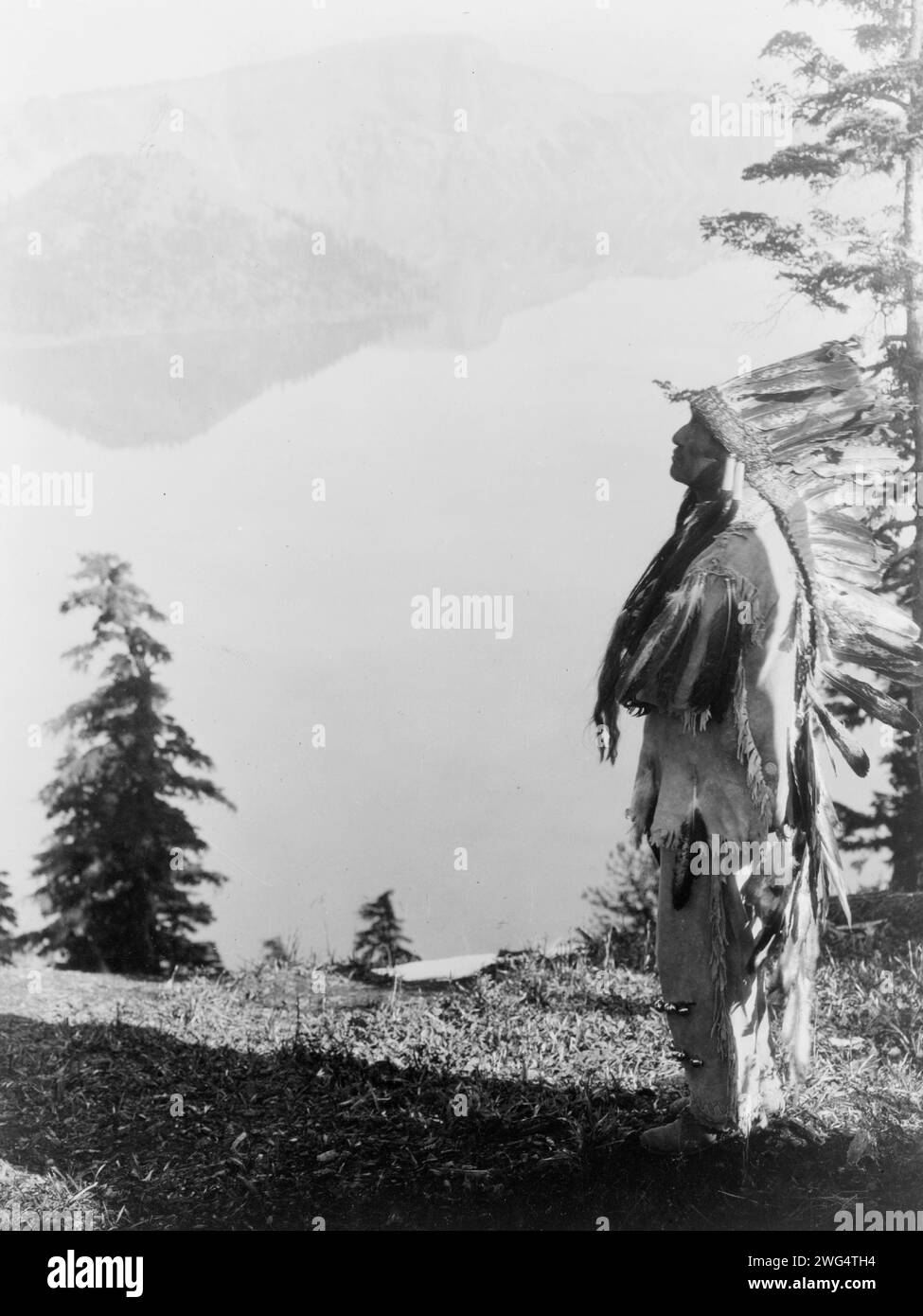 Praying To The Spirits At Crater Lake Klamath C1923 Klamath Indian Chief In Feather Headdress