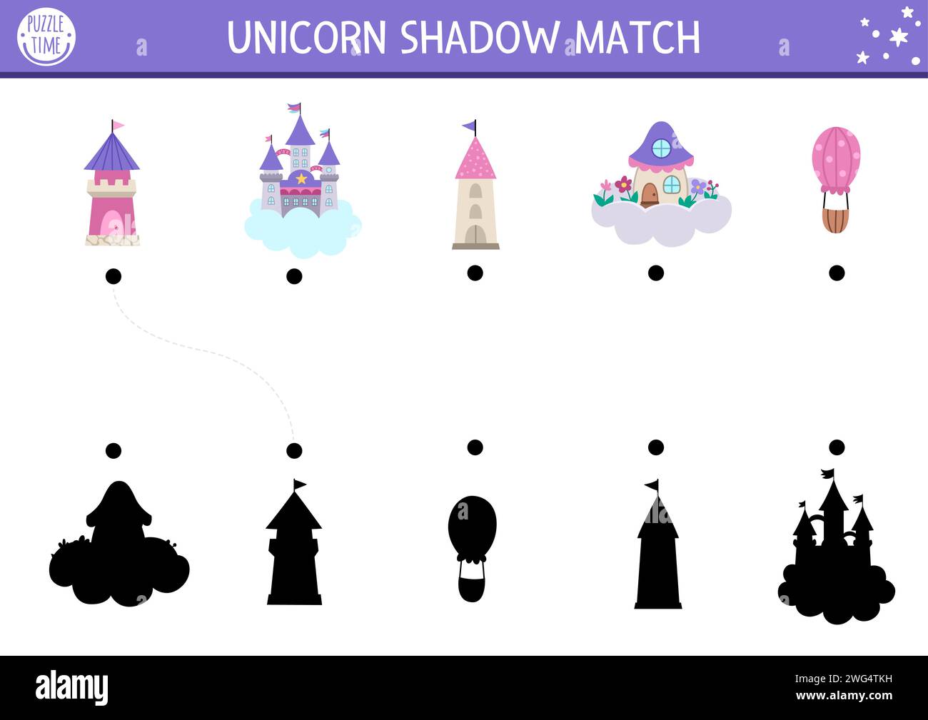 Unicorn shadow matching activity with castle, fairy house on cloud ...