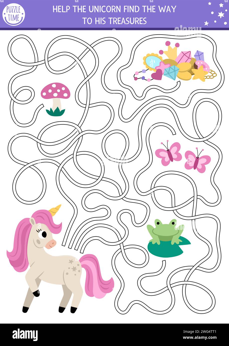Unicorn maze for kids with fantasy horse and treasures. Magic world ...