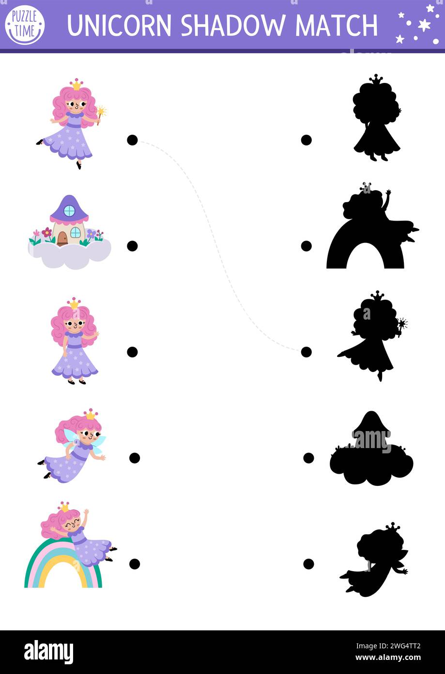 Shadow matching activity with little fairies in purple dress. Magic ...